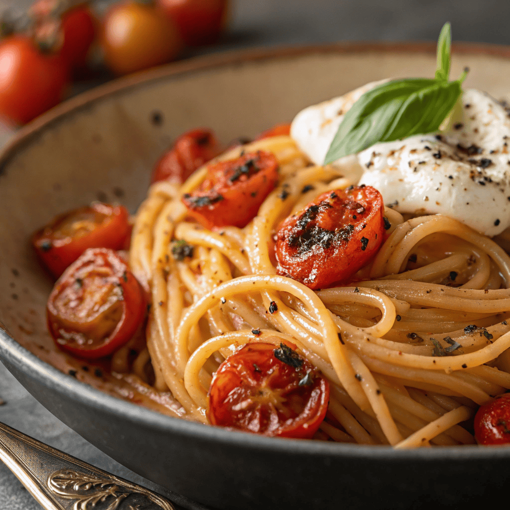 Tomato Burrata Pasta : Creamy Italian Spaghetti with Fresh Basil