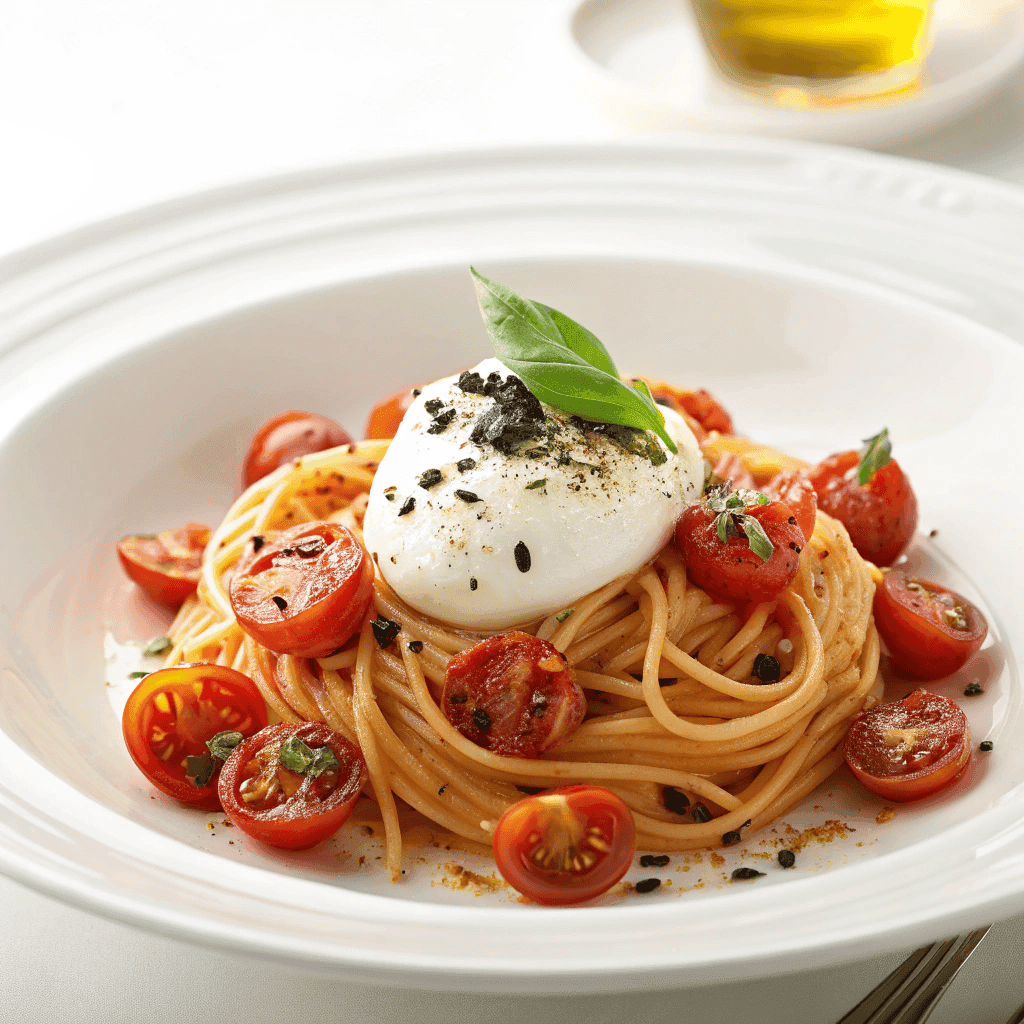 Tomato Burrata Pasta : Creamy Italian Spaghetti with Fresh Basil