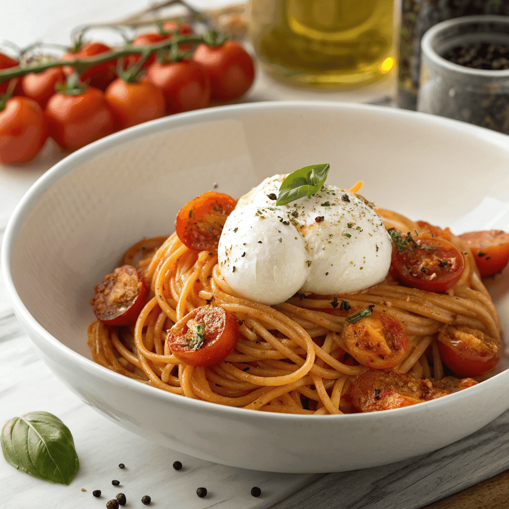Tomato Burrata Pasta : Creamy Italian Spaghetti with Fresh Basil